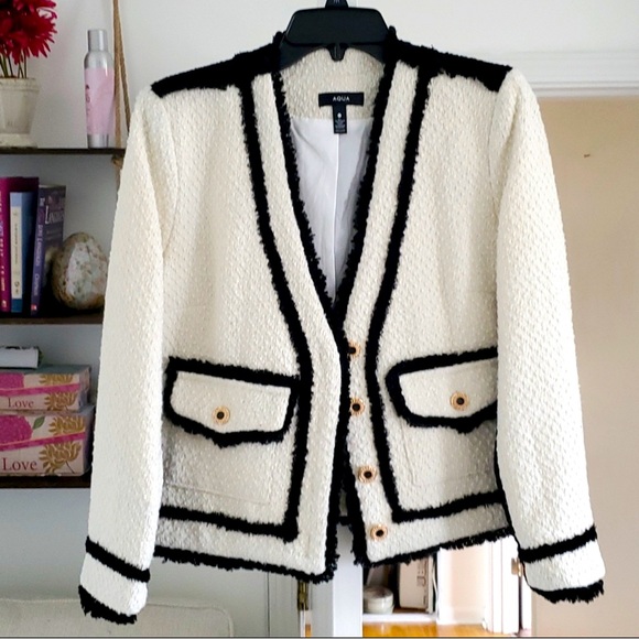 Aqua | Jackets & Coats | Aqua Boucle Contrast Trim Jacket Natural ...